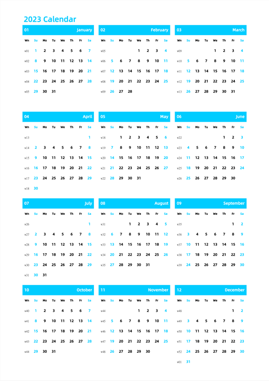 2023年日历表 英文版 纵向排版 周日开始 带周数 日历模板(DF011-2134) - 日历表2023年日历打印下载